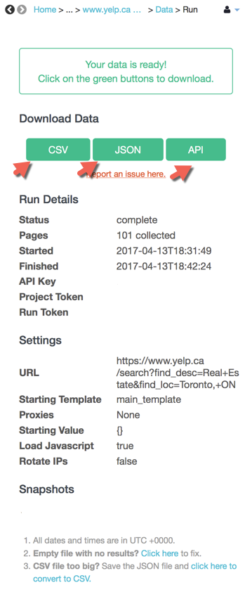 Run Project And Download Data Via Json And Csv Parsehub Help Center